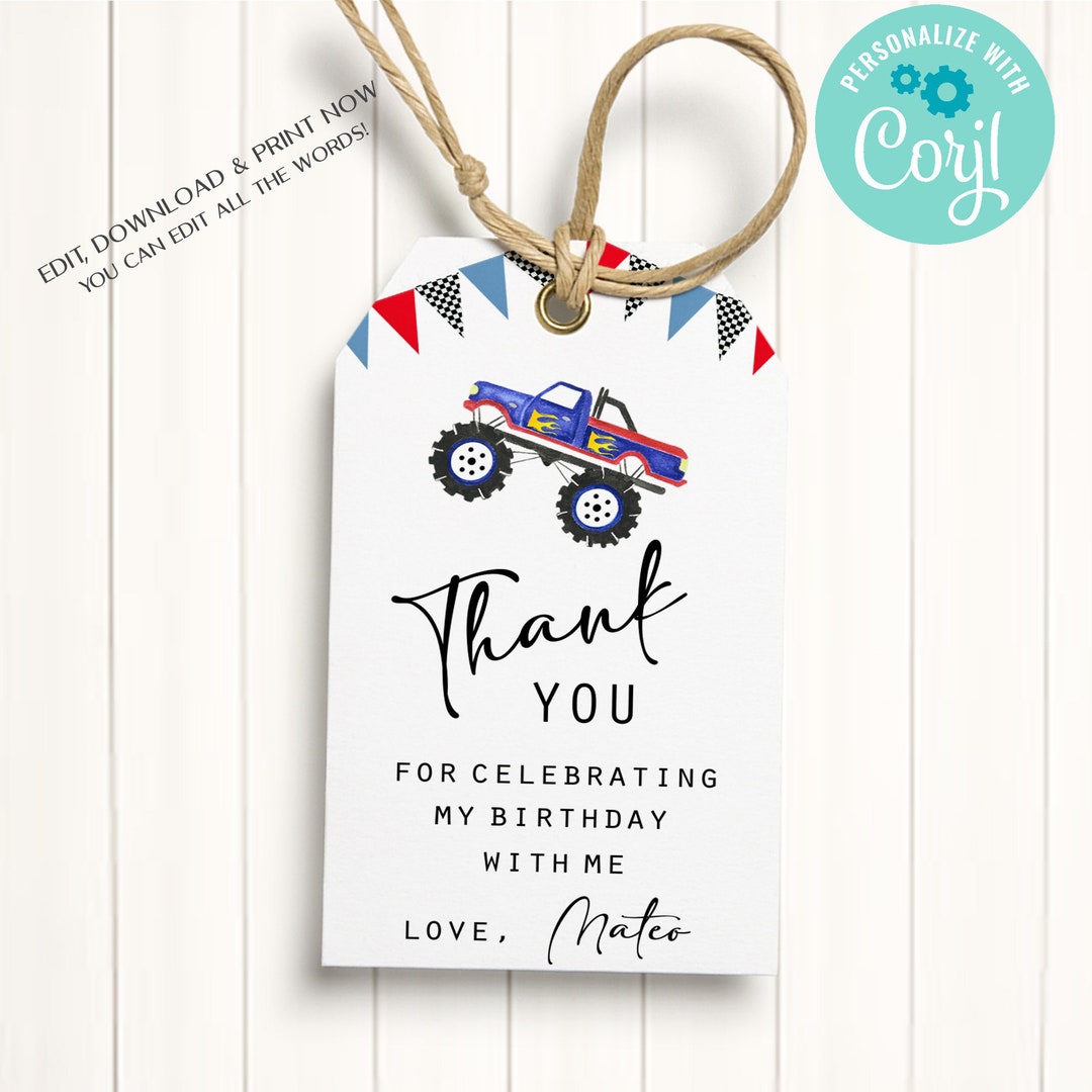 Monster Truck Favor Tags, Editable Monster Truck Thank You Party Tags ...