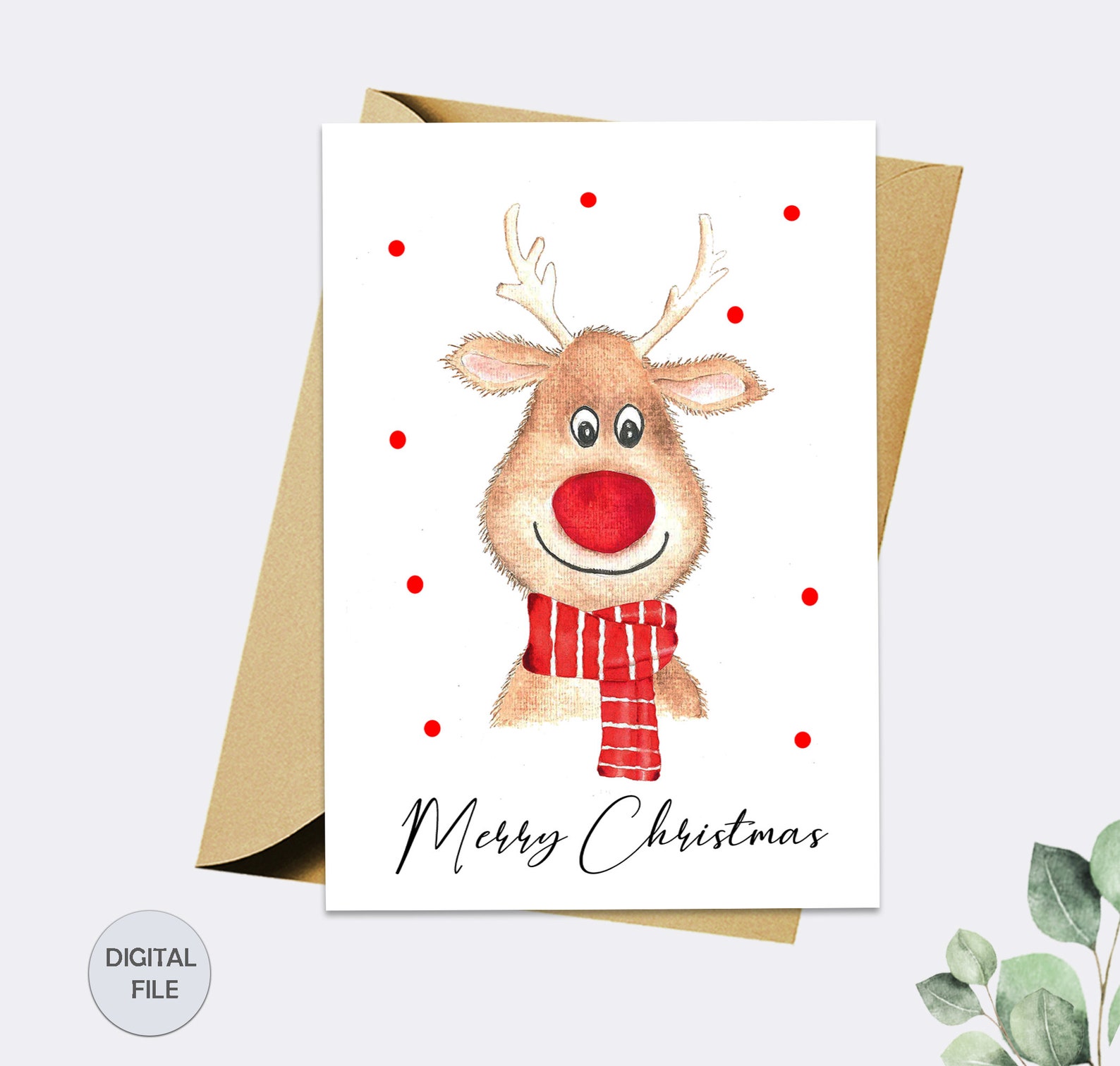 Printable Christmas Card Rudolph Reindeer Merry Christmas - Etsy