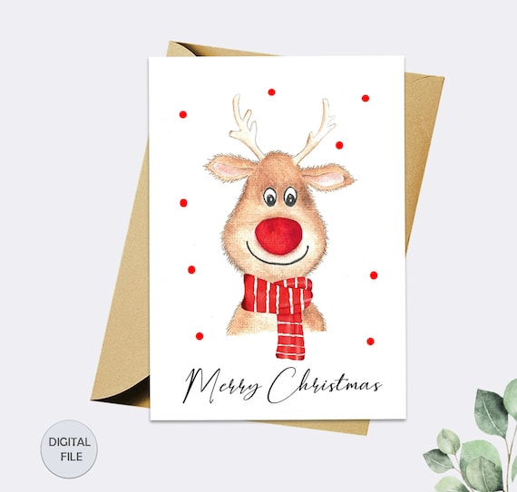 Printable Christmas Card Rudolph Reindeer Merry Christmas | Etsy