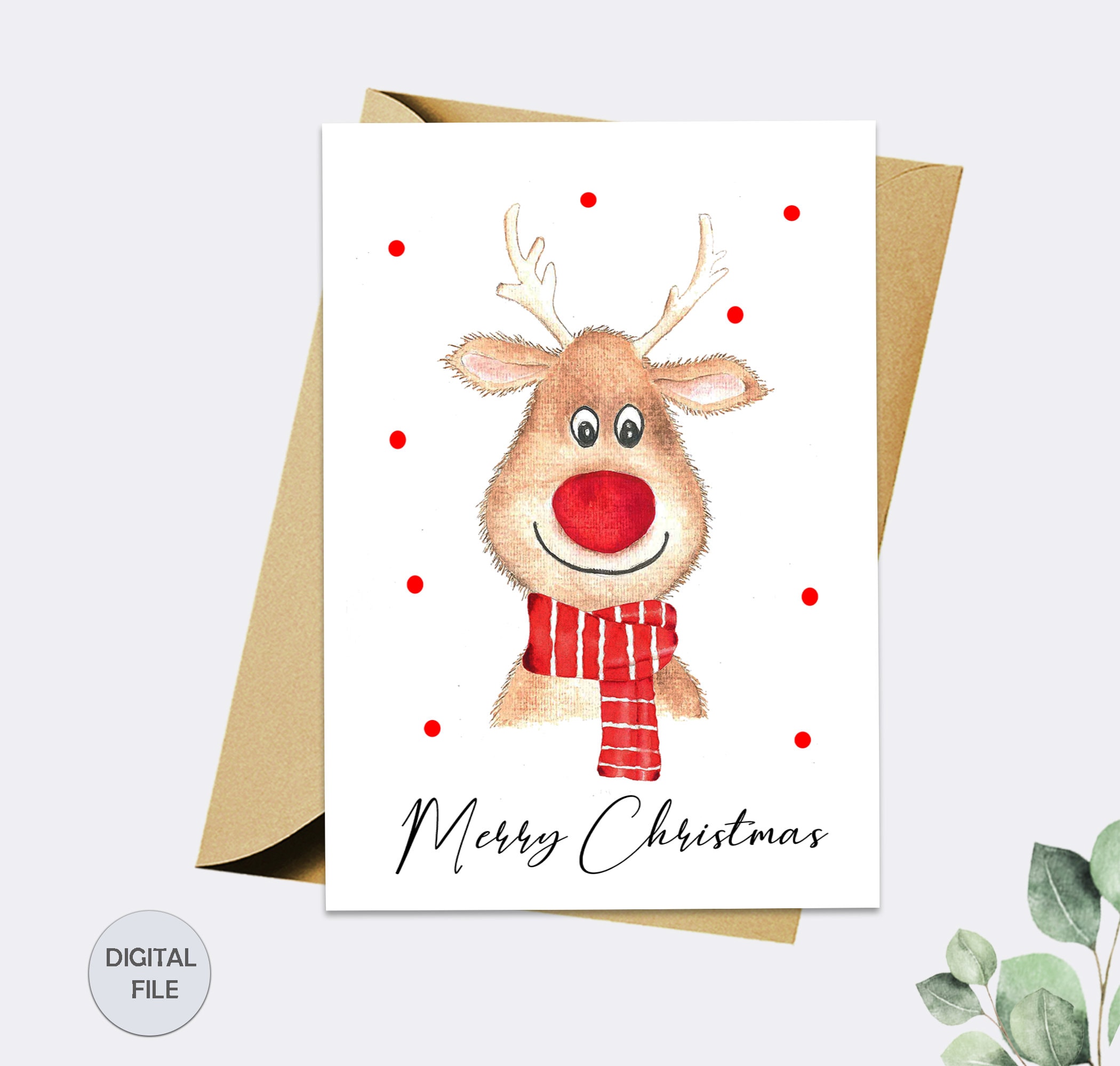 Printable Christmas Card Rudolph Reindeer Merry Christmas - Etsy