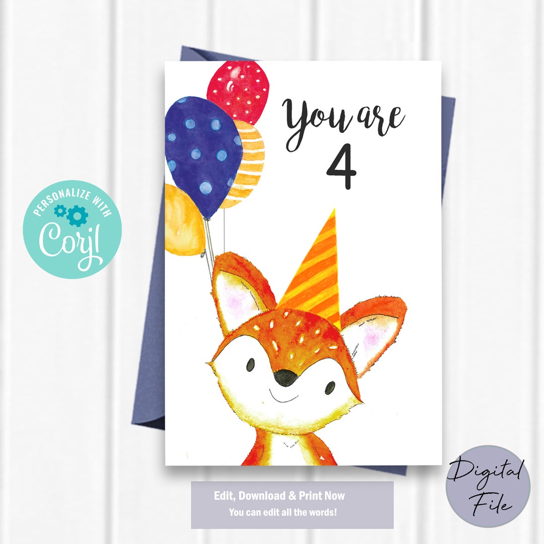 Editable Personalised Birthday Card, Kids Birthday Card, 4th Birthday ...