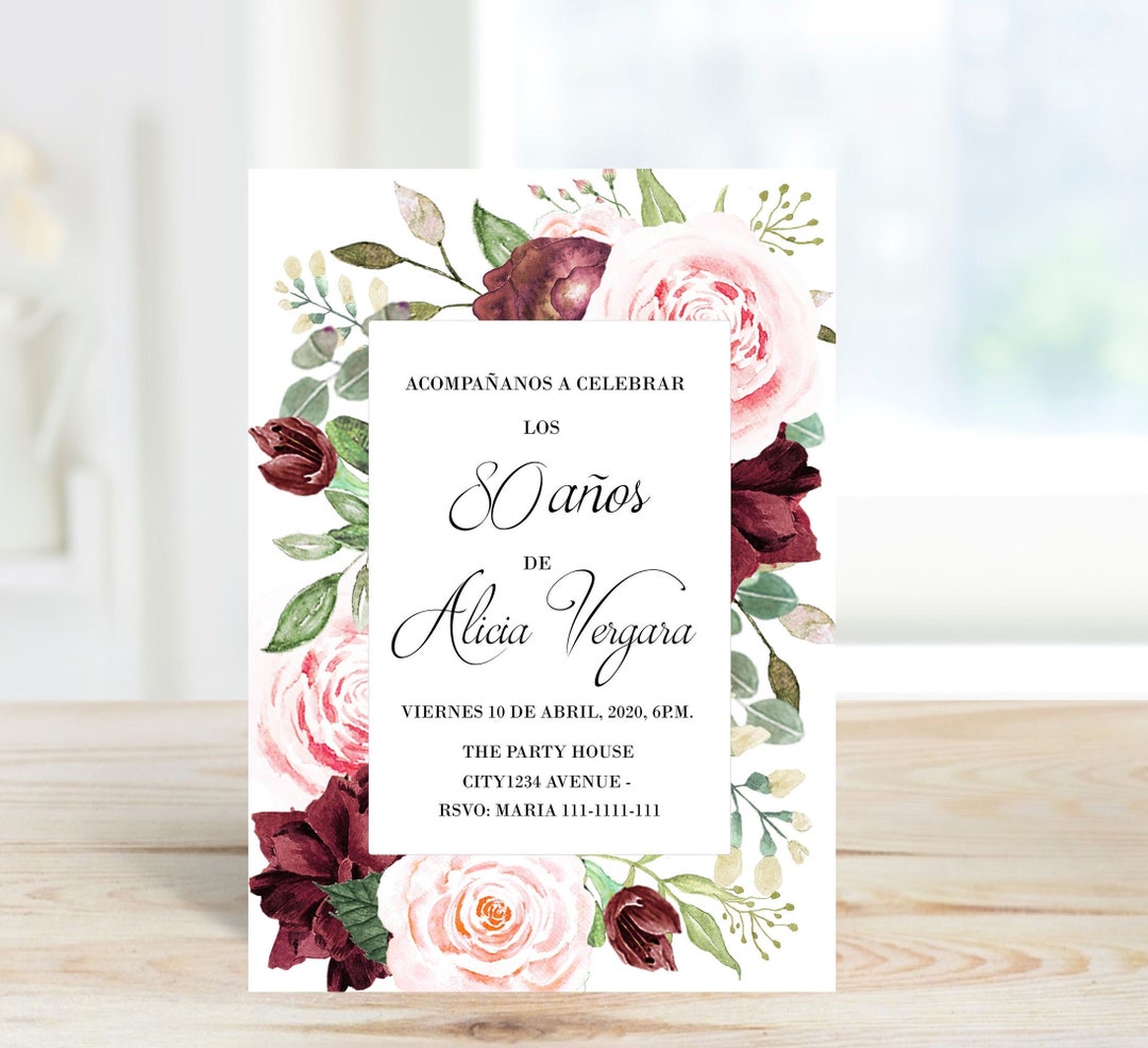 Spanish Birthday Invitation Burgundy and Pink Flowers Spanish - Etsy
