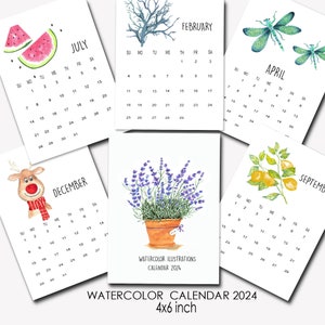 Printable 2024 Calendar, Watercolor Ilustrations Calendars, Monthly ...
