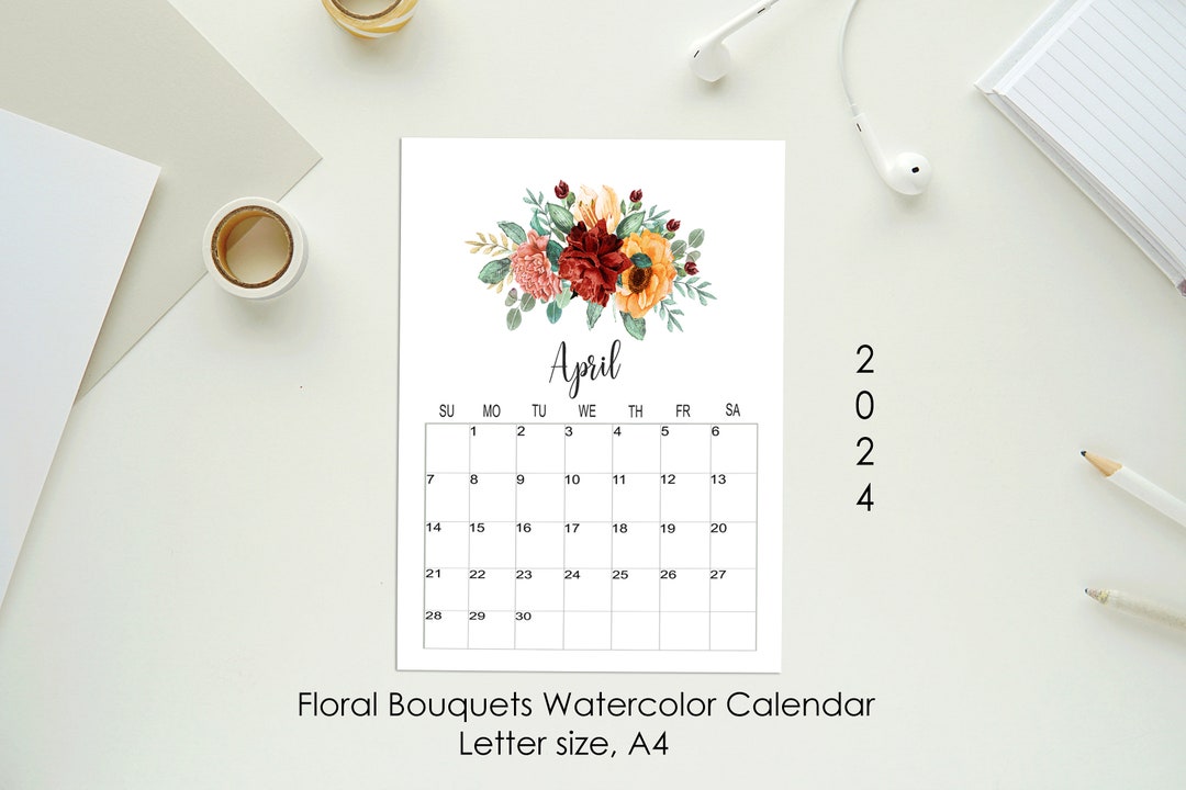 Printable Watercolor Calendar 2024, Floral Bouquets Watercolor Calendar ...