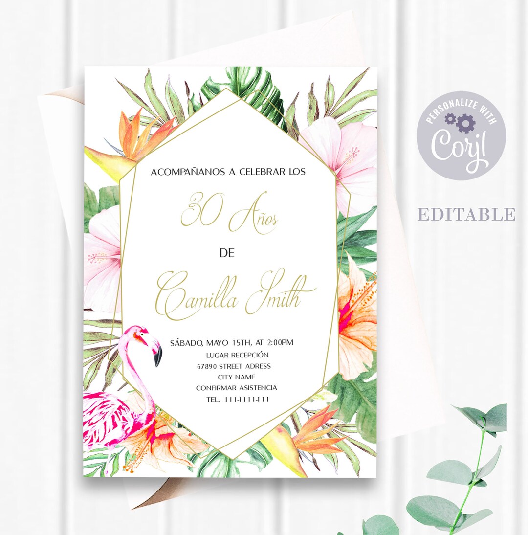 Spanish Birthday Invitation, Tropical Flowers Spanish Invitation, Any ...