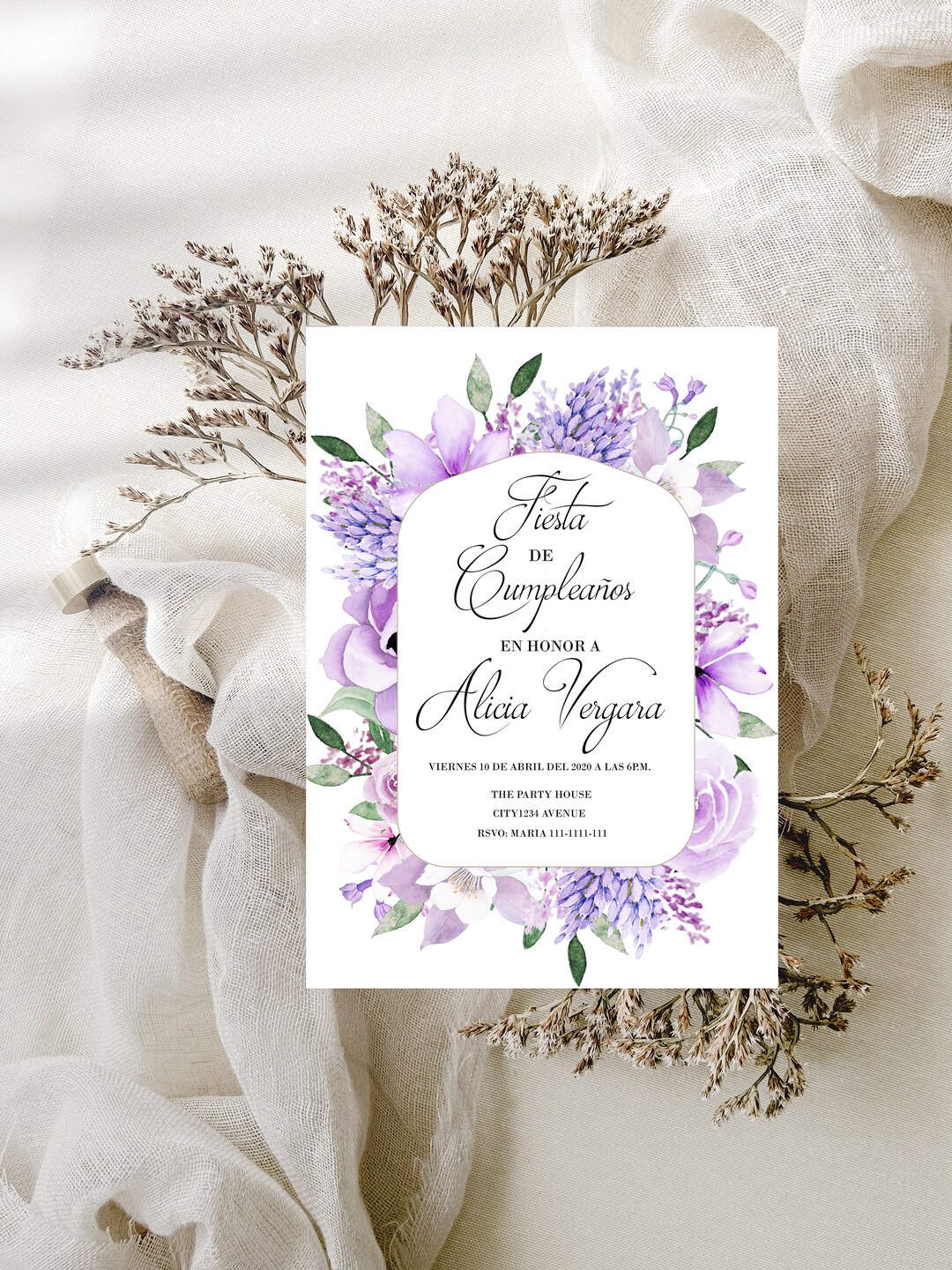 Spanish Birthday Party Invitation, Purple Flower Spanish Birthday ...