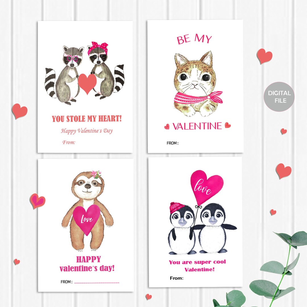 Kid Valentines Day Cards Printable, Cute Animal Valentines, Valentine ...