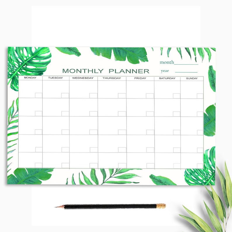 Monthly plannerTropical leaves planner Desk planner Undated | Etsy