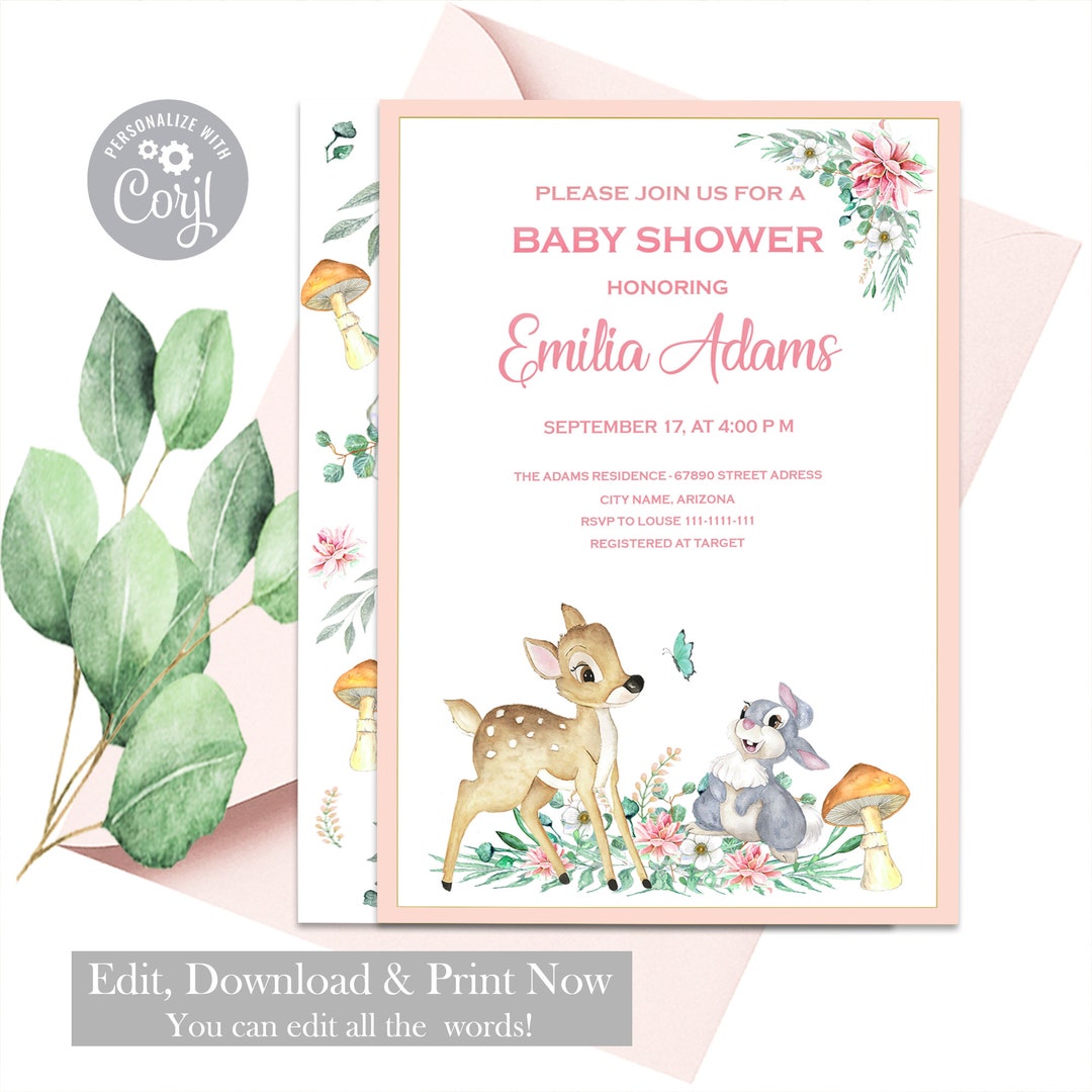 Editable Baby Shower Invitation, Bambi and Thumper Baby Shower Invite ...