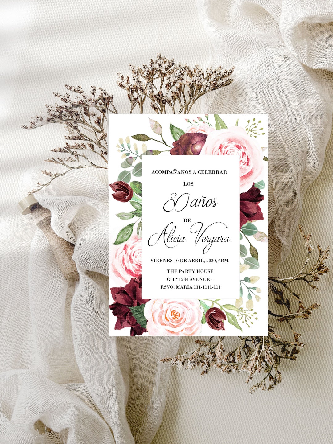 Spanish Birthday Invitation, Burgundy and Pink Flowers Spanish ...