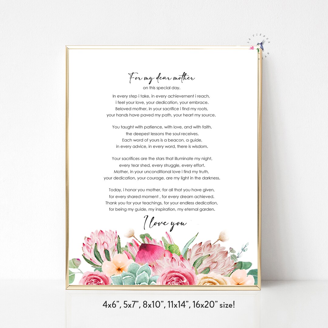 Mom Poem, to My Mother Poem, Printable Gift for Mom, Mother's Day Gift ...
