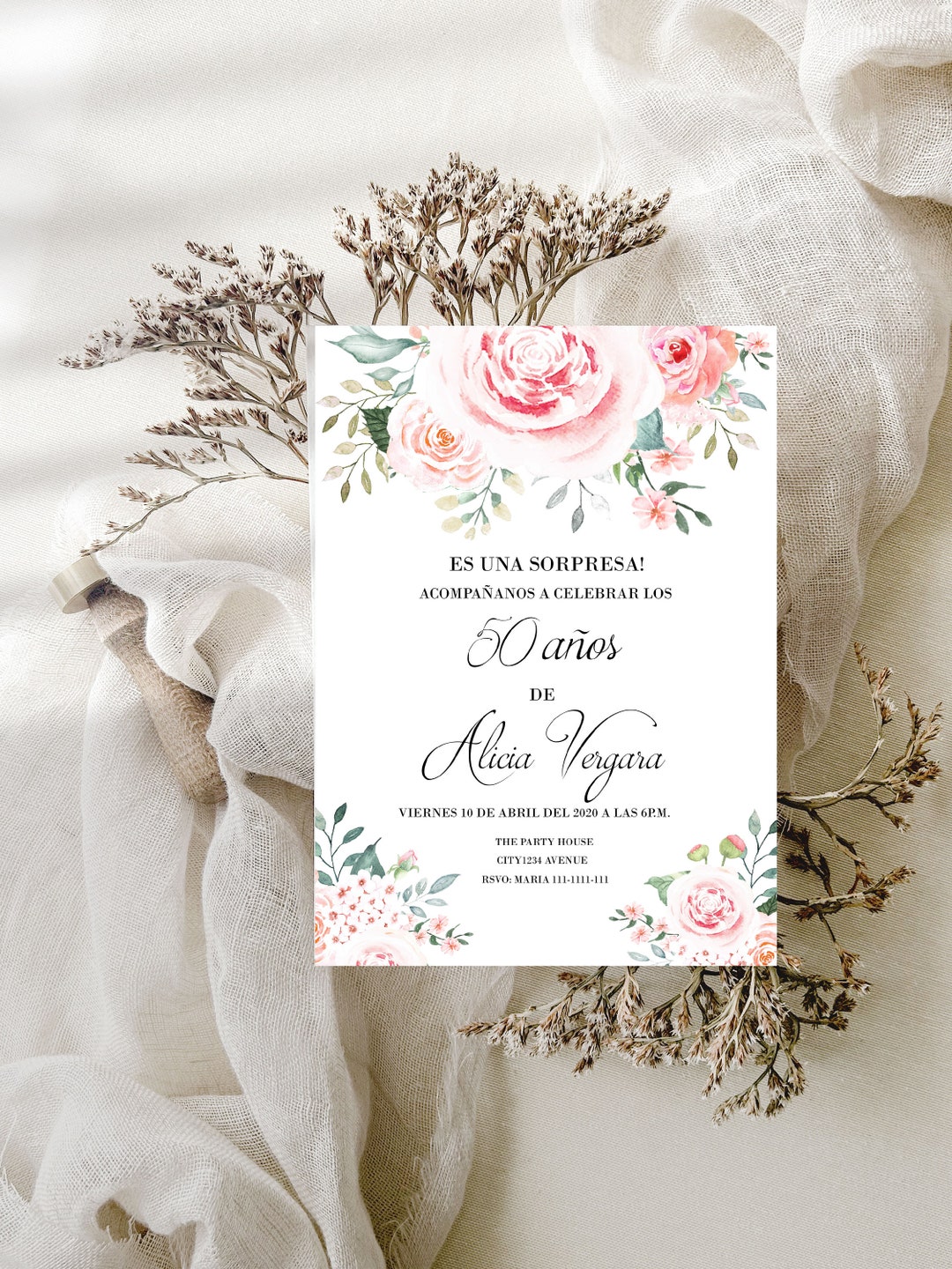 Spanish Birthday Invitation, Pink Flowers Spanish Invitation, Any Age ...