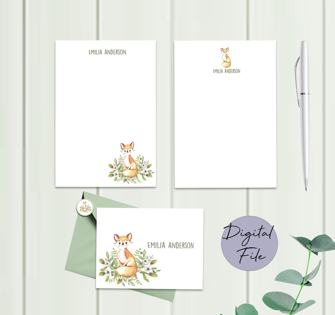 Printable Stationery Set Fox Stationary Note Cards Fox Personalized ...