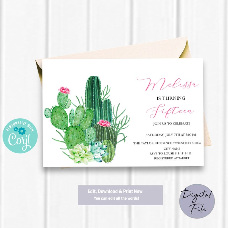 Cactus Birthday Invitation Printable Cactus Invite Editable - Etsy