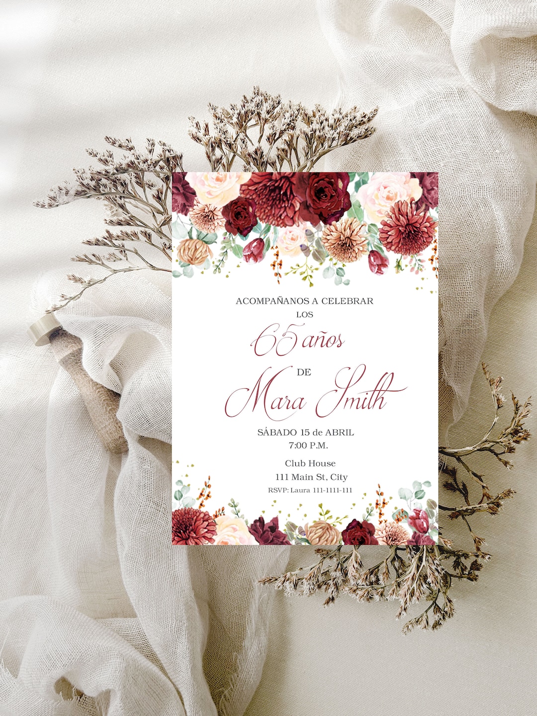Spanish Birthday Invitation, Marsala & Pink Spanish Flowers Invitation ...
