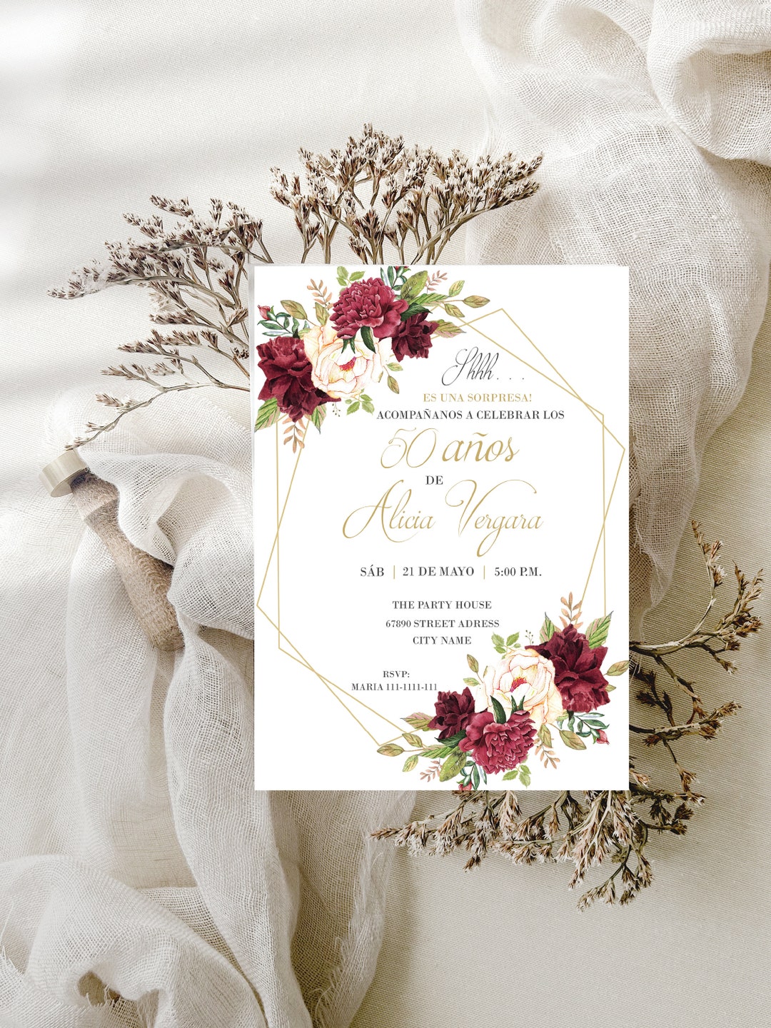 Spanish Birthday Invitation, Burgundy Flowers Spanish Invitation, Any ...