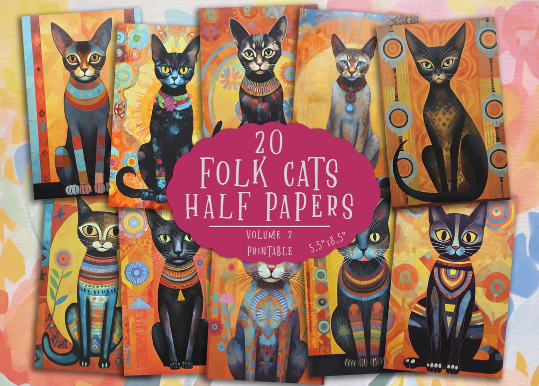 Folk Cat Collage Sheets | Boho Cat Journal Pages | Printable Cat Papers ...