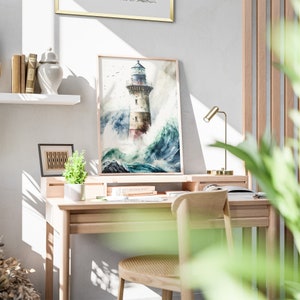 Lighthouse Watercolor Painting, Nautical Printable Wall Art, Coastal ...