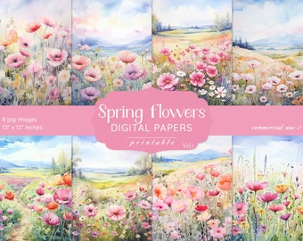 Spring Floral Digital Paper Pack: Watercolor Flower Backgrounds ...