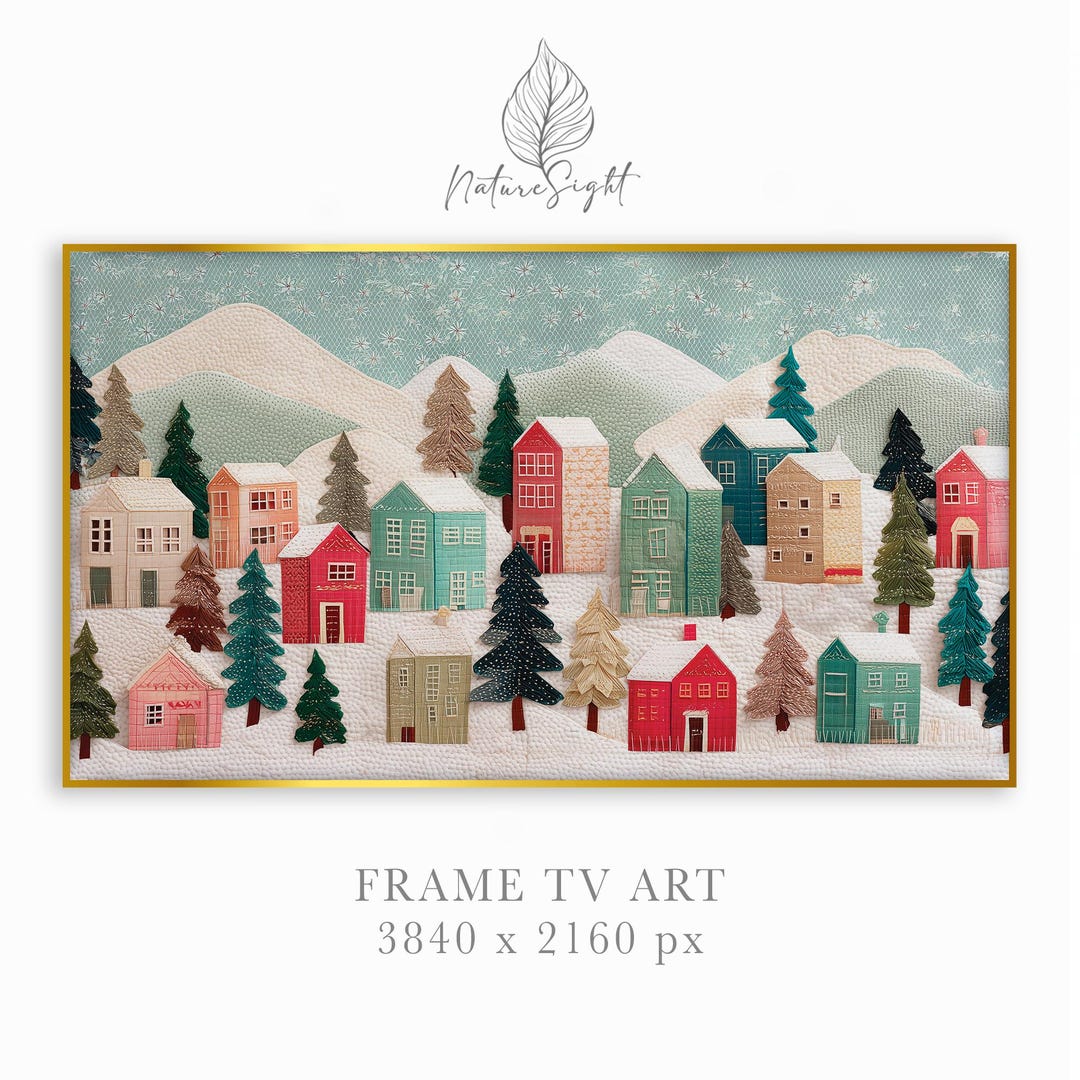Christmas Village Frame TV Art, Pastel Winter Houses Mountain Scene ...