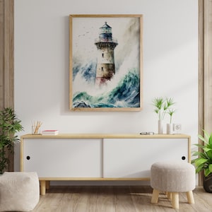 Lighthouse Watercolor Painting, Nautical Printable Wall Art, Coastal ...