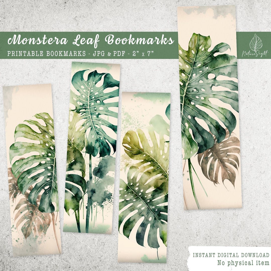Monstera Leaf Printable Bookmarks: Botanical Watercolor Scrapbook Tags ...