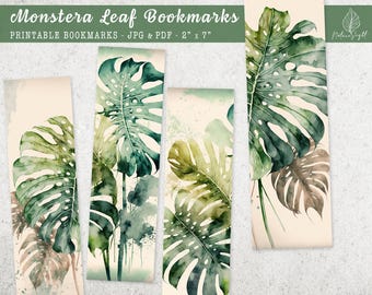 Monstera Leaf Printable Bookmarks: Botanical Watercolor Scrapbook Tags ...