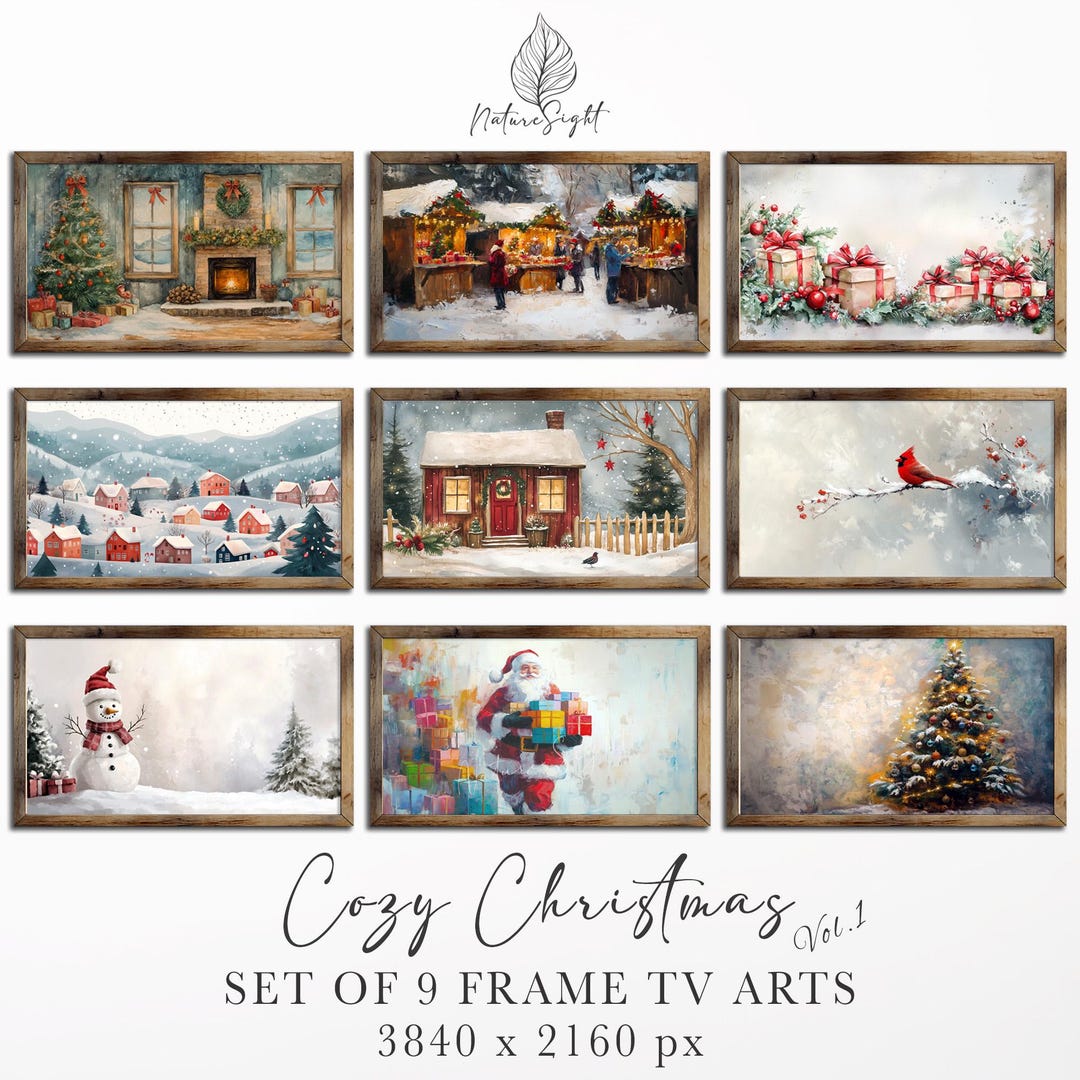Vintage Christmas TV Art Frames Set, Holiday Decor Samsung Frame Tv ...