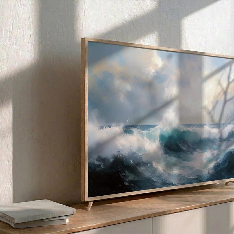 Ocean Waves Frame TV Art, Seascape Oil Painting, Coastal Wall Decor - Etsy