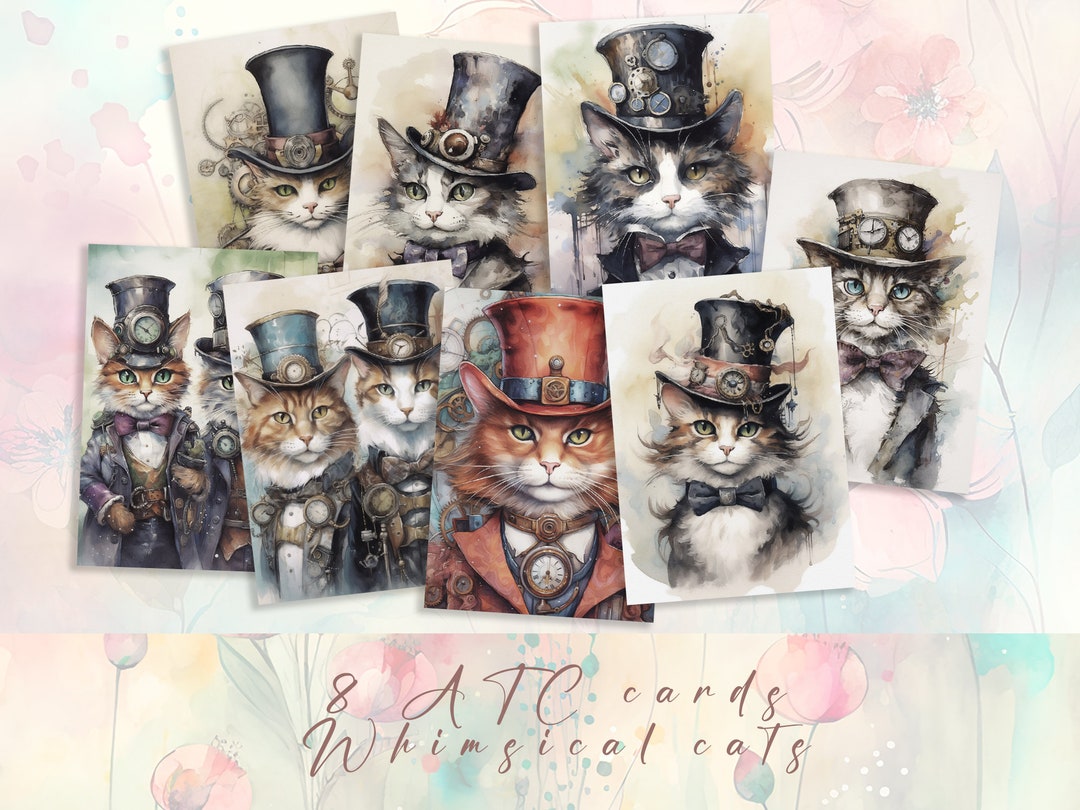 Steampunk Cats ATC Cards – Whimsical Printable Collage Sheets (digital ...