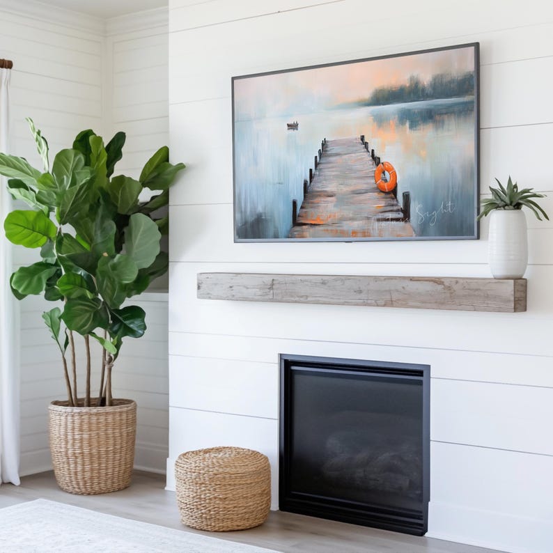 Lake Frame TV Art Bundle, Boat Dock Water Landscape, Misty Lake ...