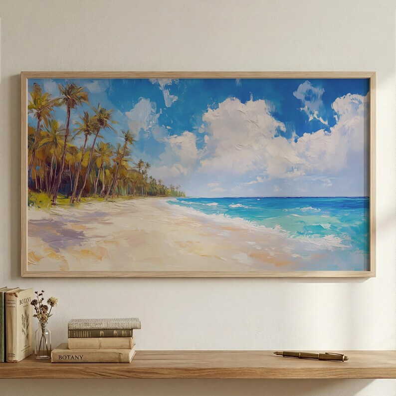 Tropical Beach Painting Frame TV Art, Palm Tree Seascape, Coastal ...