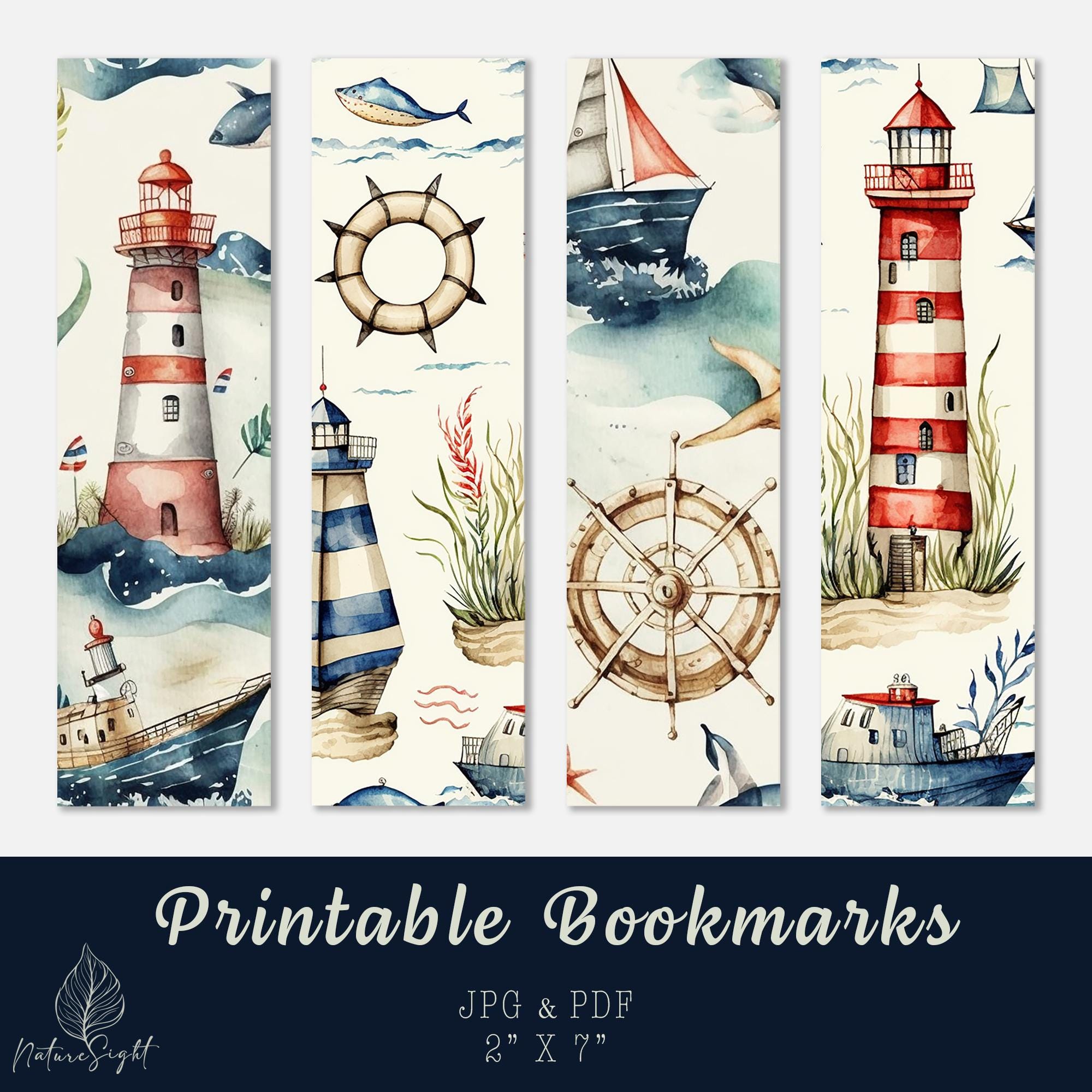 Nautical Printable Bookmarks: Lighthouse Ocean Marine Tags (digital ...