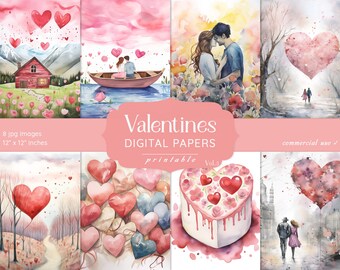 Valentine Heart Digital Paper: Watercolor Love Backgrounds (digital ...