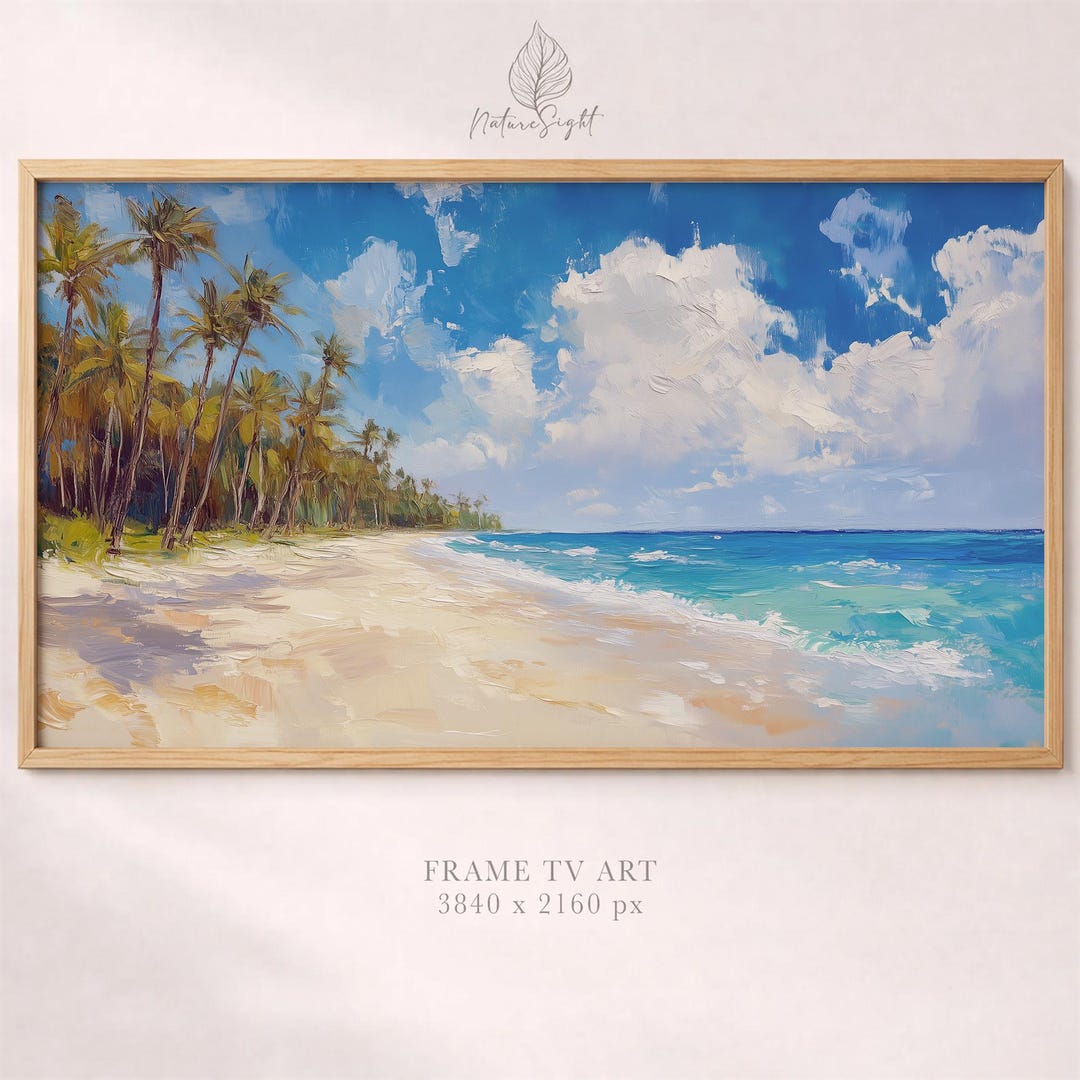 Tropical Beach Painting Frame TV Art, Palm Tree Seascape, Coastal ...