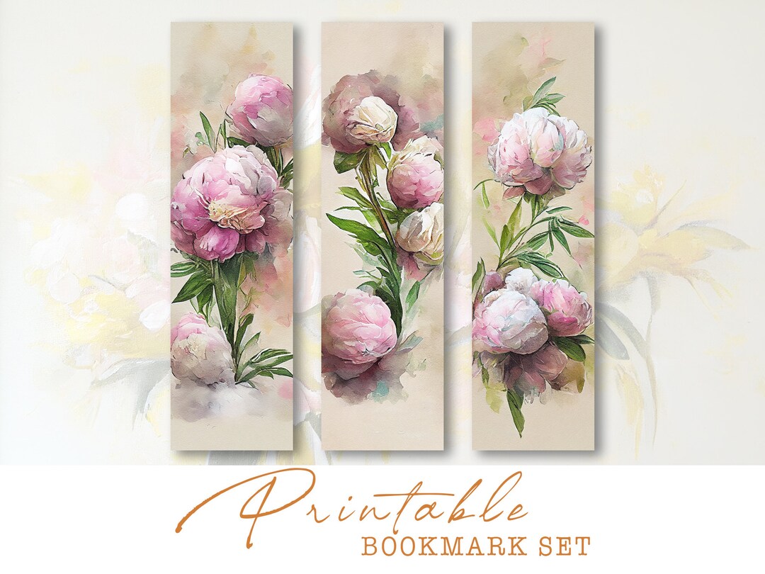 Floral Peony Bookmarks: Shabby Chic Watercolor Printable Set (digital ...