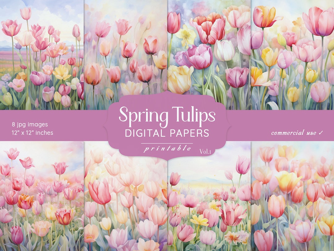 Tulip Digital Paper, Digital Watercolor Paper, Watercolor Spring ...