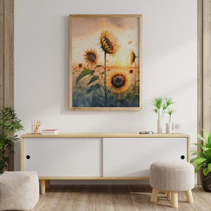 Sunflower Painting, Farmhouse Watercolor Print, Yellow Flowers Wall Art ...
