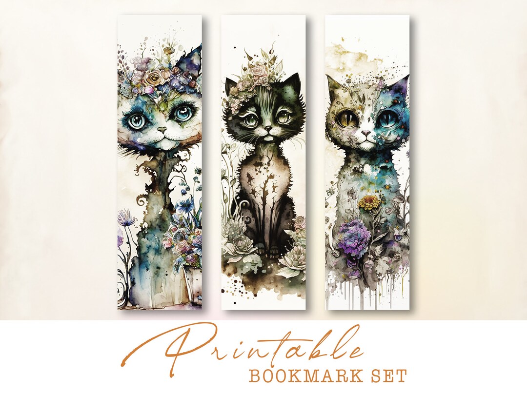 Floral Cats Printable Bookmarks, Kitty Bookmarks Set of 3, Cat ...