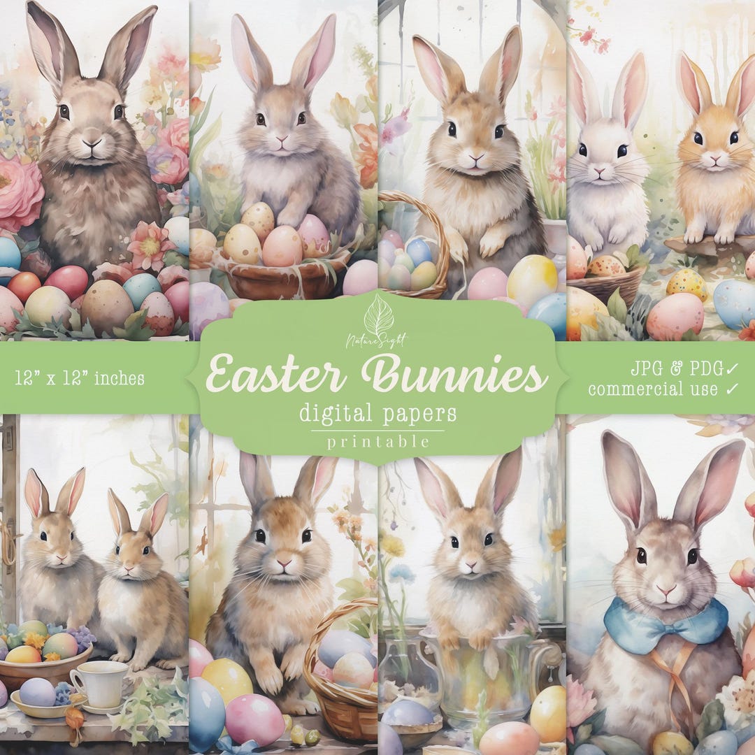 Easter Bunny Digital Paper: Watercolor Spring Rabbit Scrapbook ...