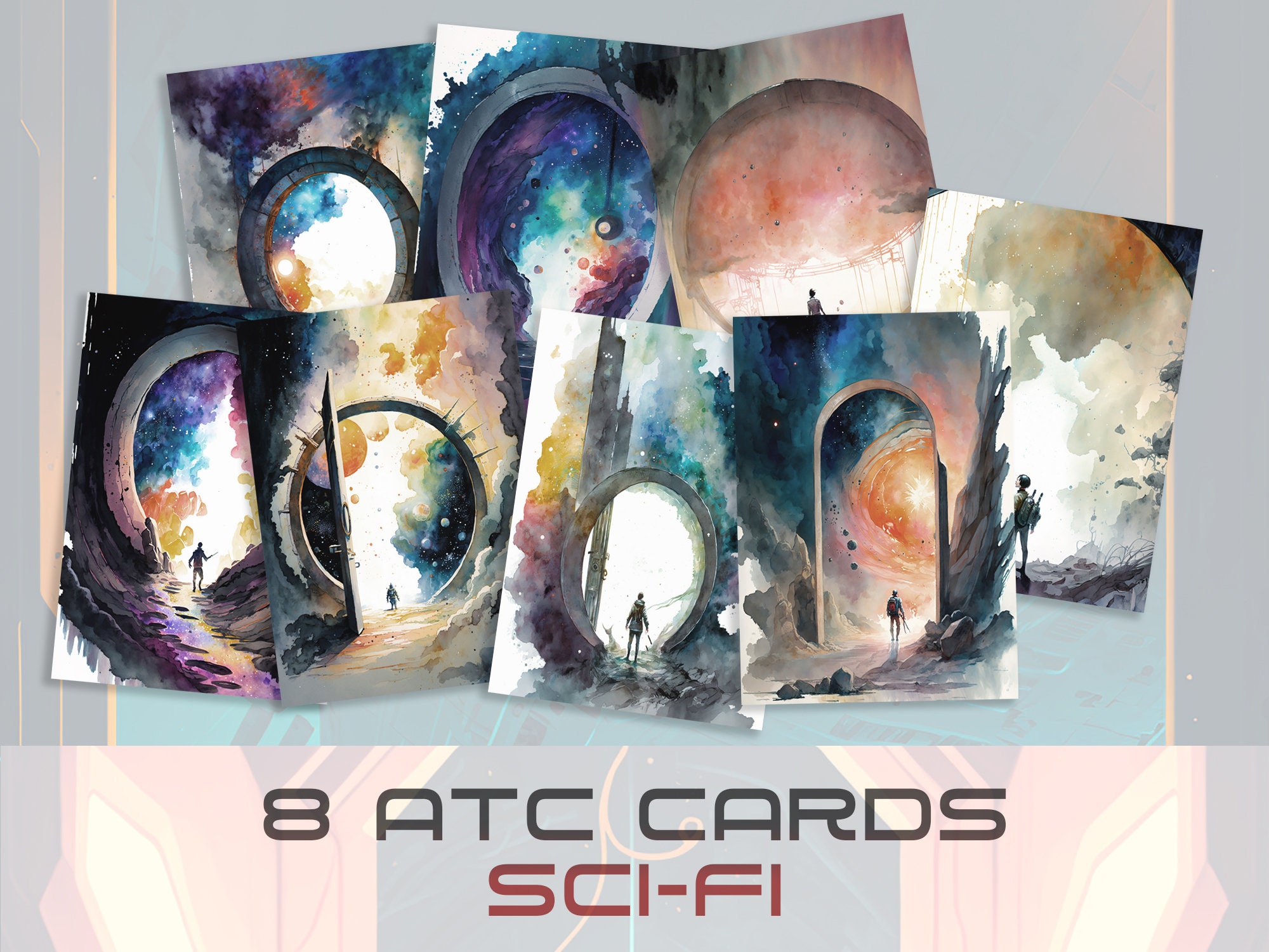 Sci-fi ATC Cards | Futuristic Watercolor Scrapbook Cards (digital ...