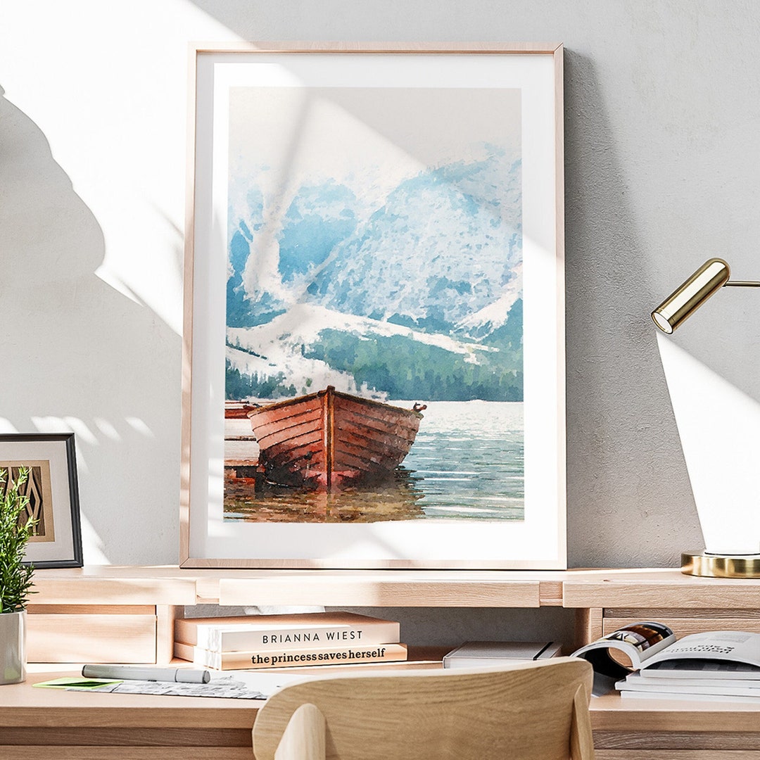 Rustic Boat Watercolor Art – Lakehouse Landscape and Nature Wall Print ...