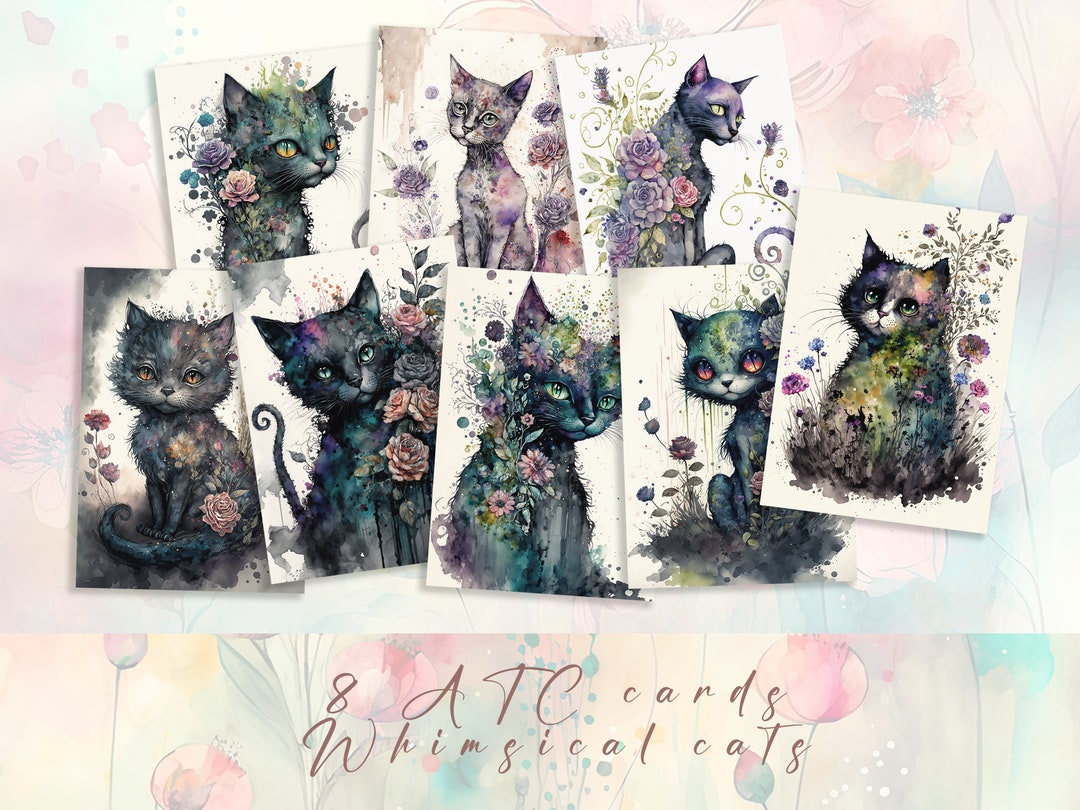 Cats Printable Atc Cards, Floral Artist Trading Cards, Whimsical ...