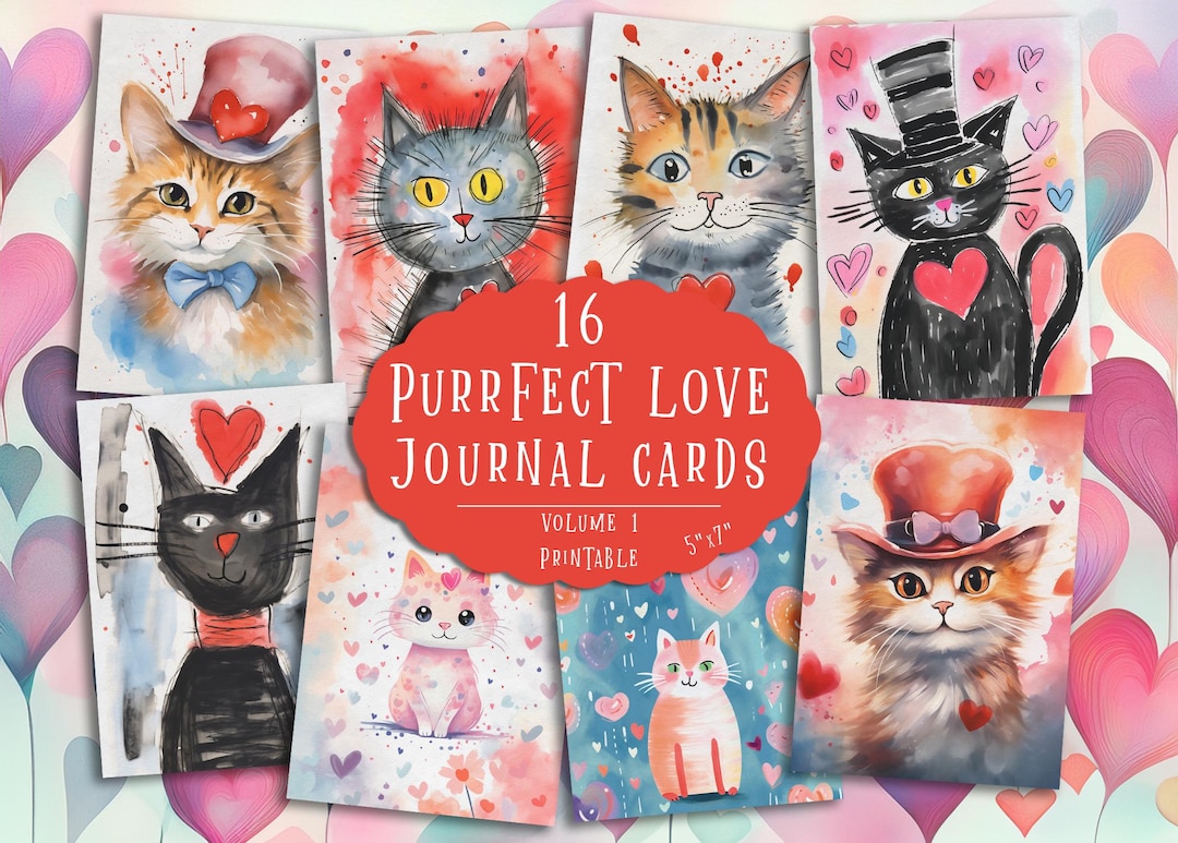 Love Cat Journal Cards, Printable Valentine Kit, Cute Kitty Ephemera ...
