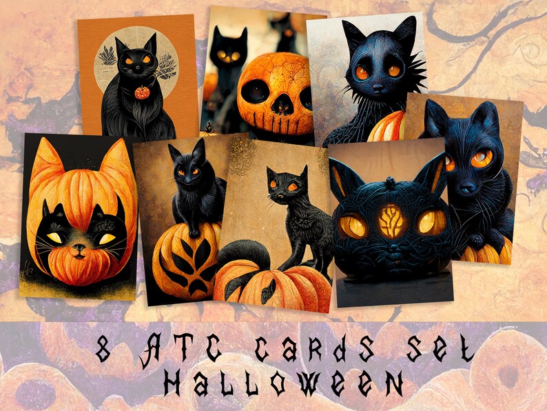 Halloween ATC Cards Set Black Cat Vintage Cards Pumpkin Cat - Etsy