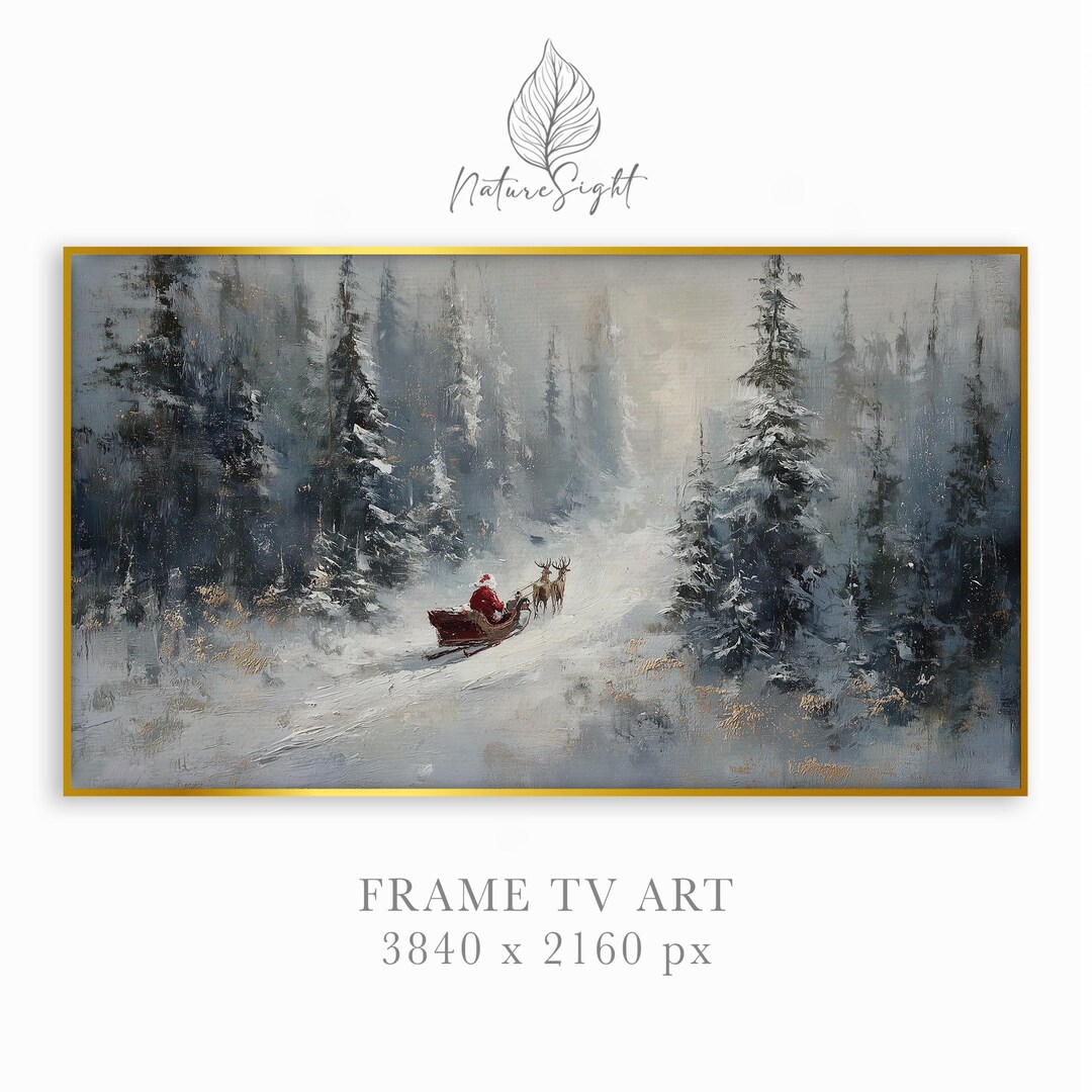 Christmas Frame TV Art: Santa Sleigh Winter Forest Scene (digital ...