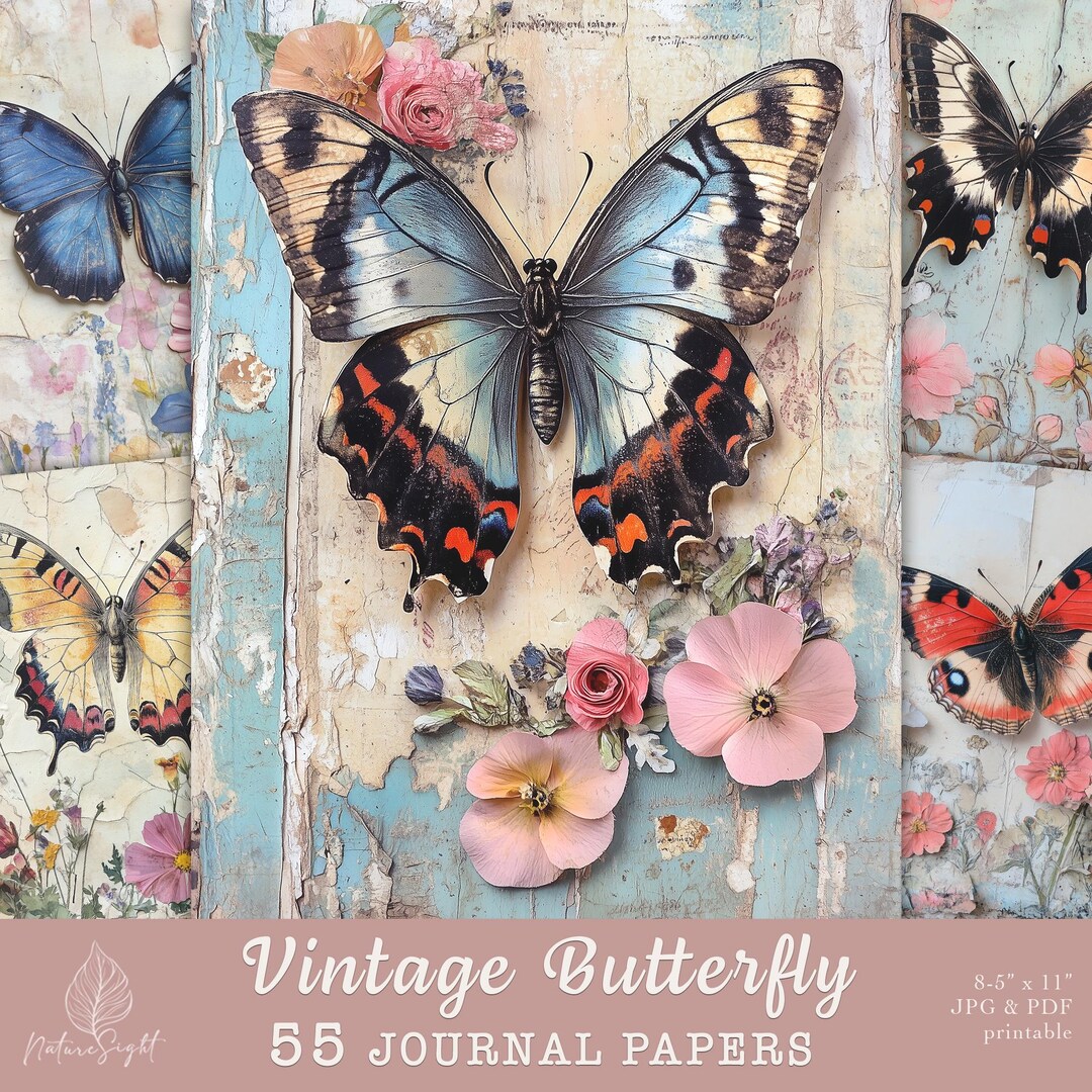 Vintage Butterfly Floral Scrapbook Paper, Shabby Chic Printable Pages ...