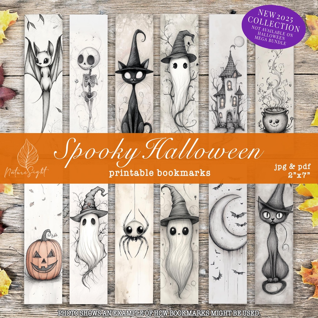Spooky Halloween Bookmarks – Pencil Sketch Printable Set (digital ...
