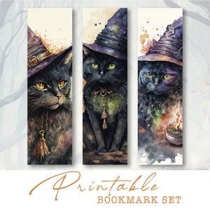 Black Cat Printable Bookmarks Set, Witchy Cats Bookmarks, Witch ...