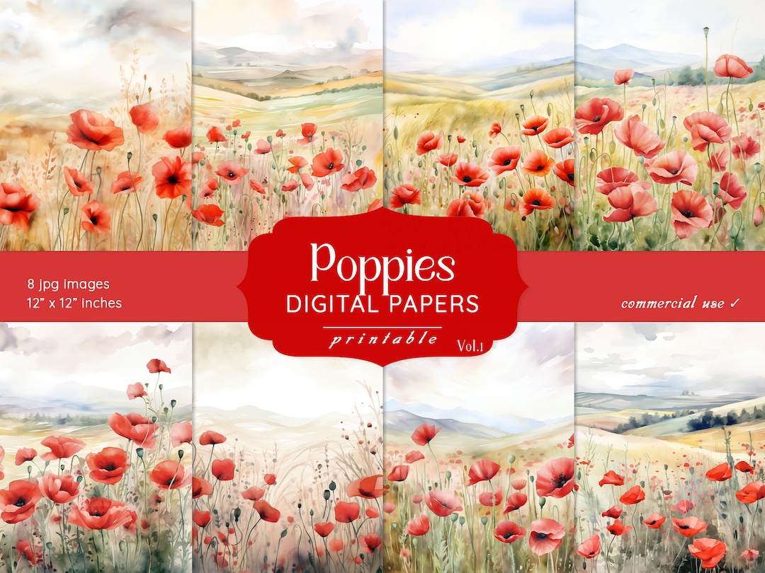 Poppy Digital Papers, Floral Scrapbooking, Poppies Collage Sheets, Red ...